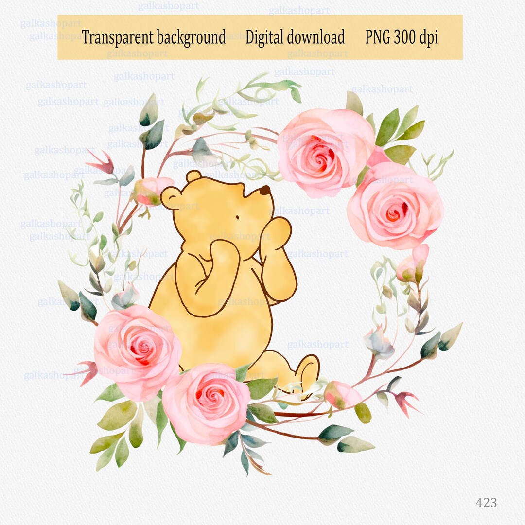 Classic Winnie the Pooh in Wreath With Pastel Pink Roses Clipart PNG ...