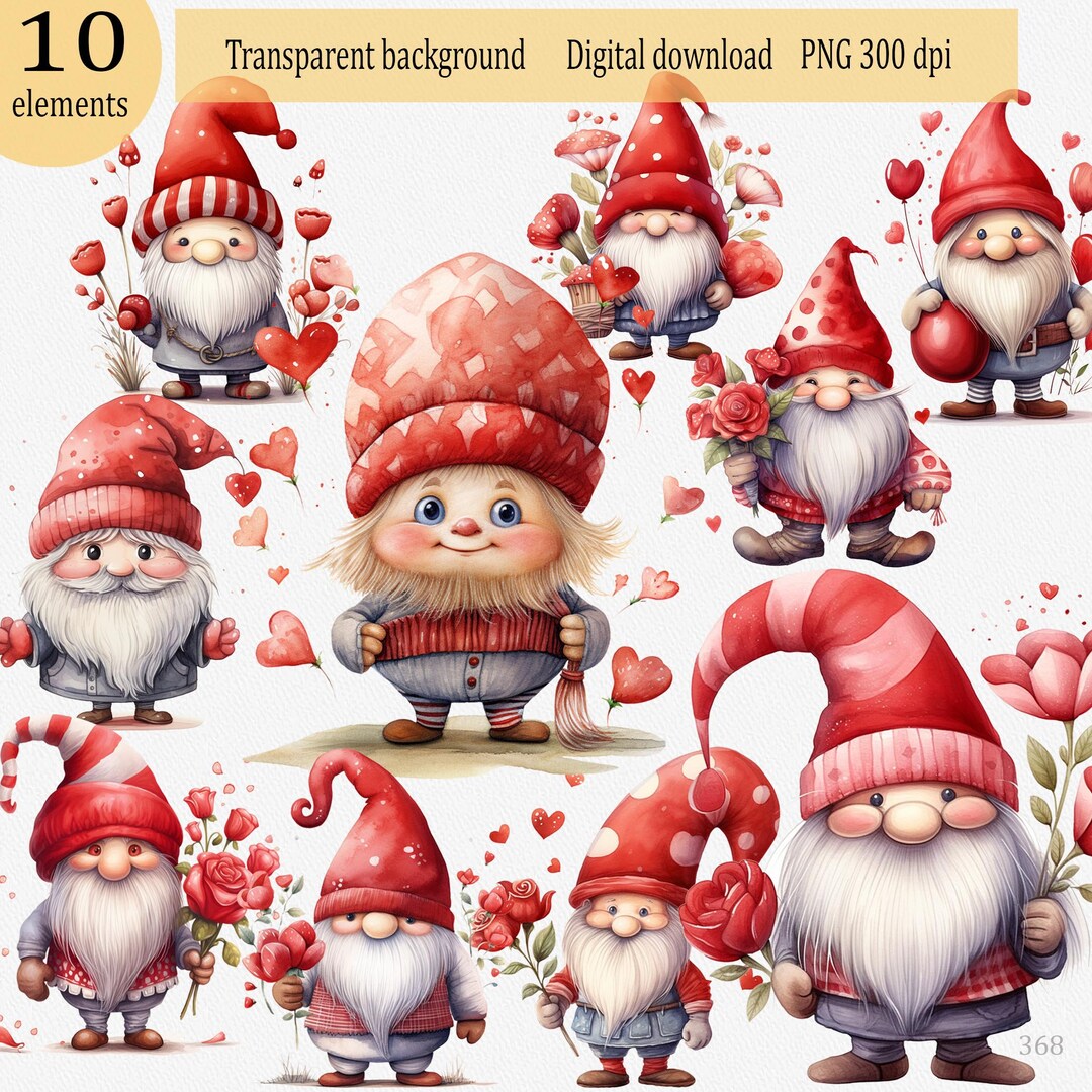 Valentines Gnome Clipart Set of 10 Png Files, Graphics for Sublimation ...