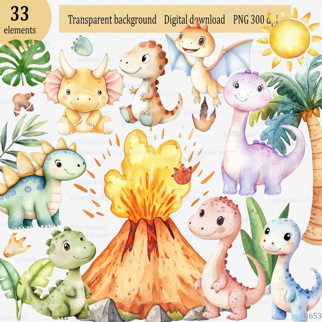Watercolor Dinosaur Baby Clipart PNG: Jurassic Nursery Illustration for ...