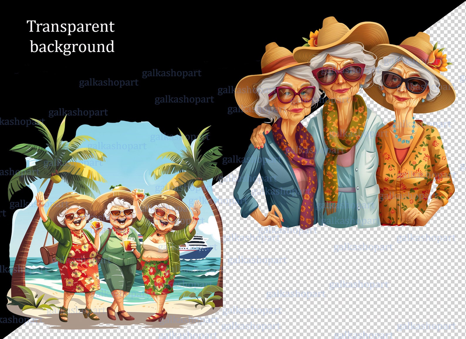 Three Old Ladies Traveler Clipart PNG: Funny Traveling Woman, Cute ...