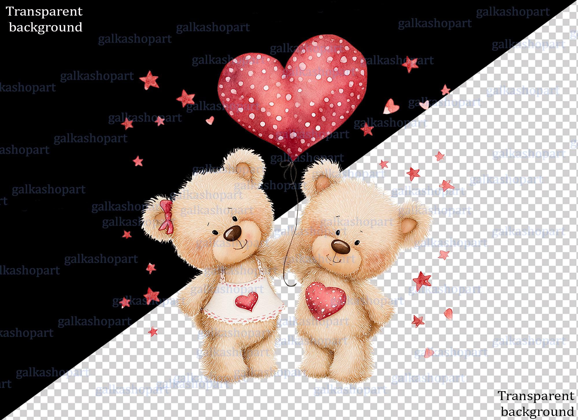 Valentine Teddy Bears Clipart Set, Cute Love Bears PNG With Hearts ...