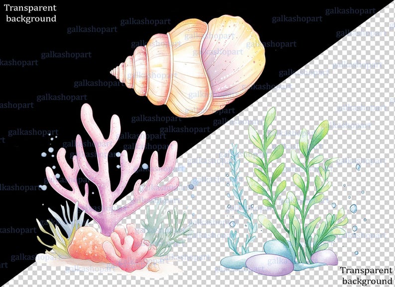 Sea Life & Mermaid Clipart PNG – Watercolor Ocean Animals, Glitter ...