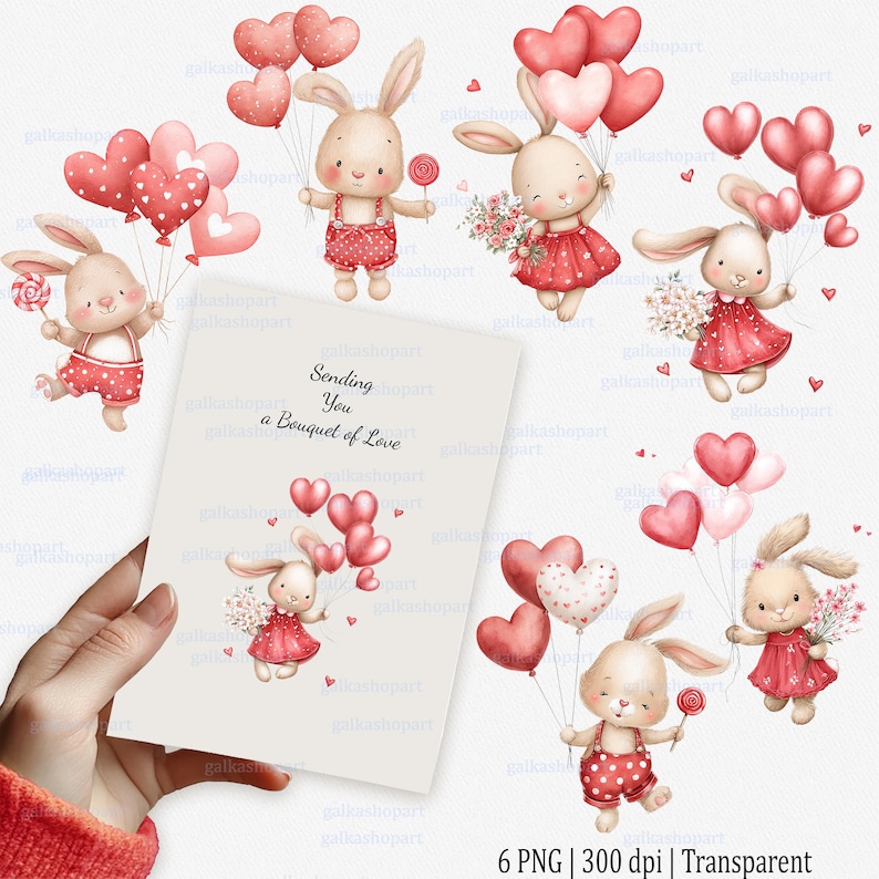 Love Bunny Clipart Set: Cute Romantic Rabbits With Heart Balloons ...