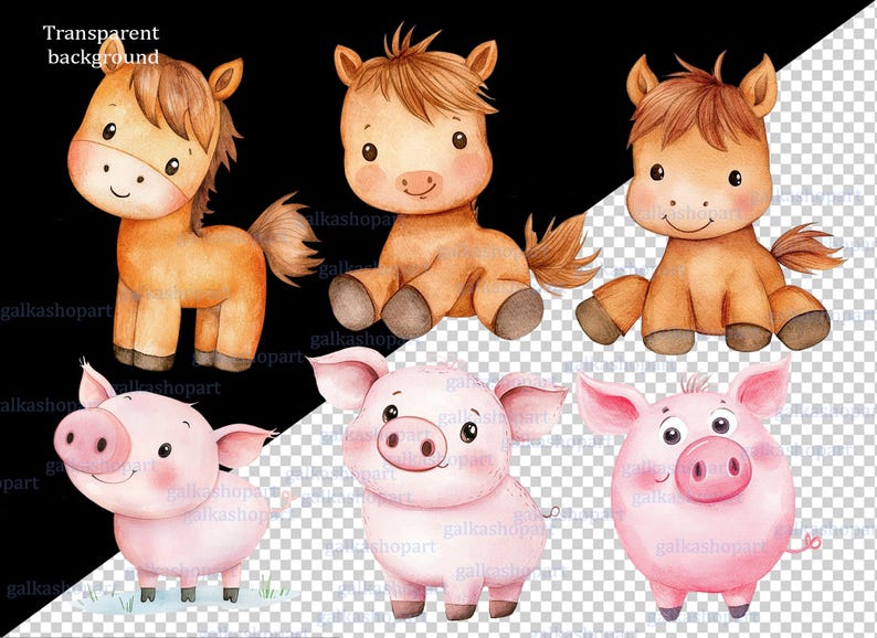 Cute Farm Animal Clipart, Watercolor Pngs, Farm Life Birthday Party ...