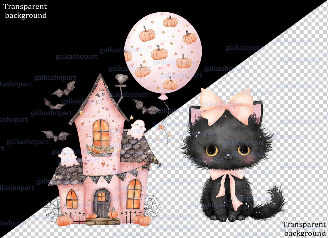 Pink Halloween Clipart Set: Cute Ghost Cat Bat Pumpkin PNG, Pastel ...