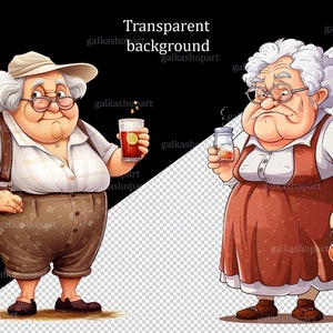 Set of 16 Humorous Caricature of a Funny Fat Grandma Farmer With a ...