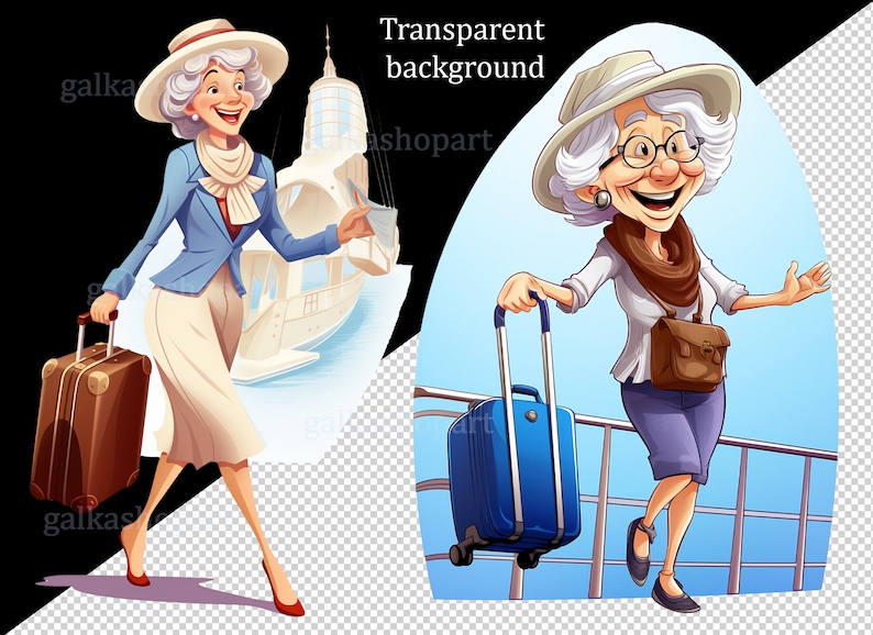 Old Ladies Traveler Clipart PNG: Funny Traveling Woman, Cute Cartoon ...