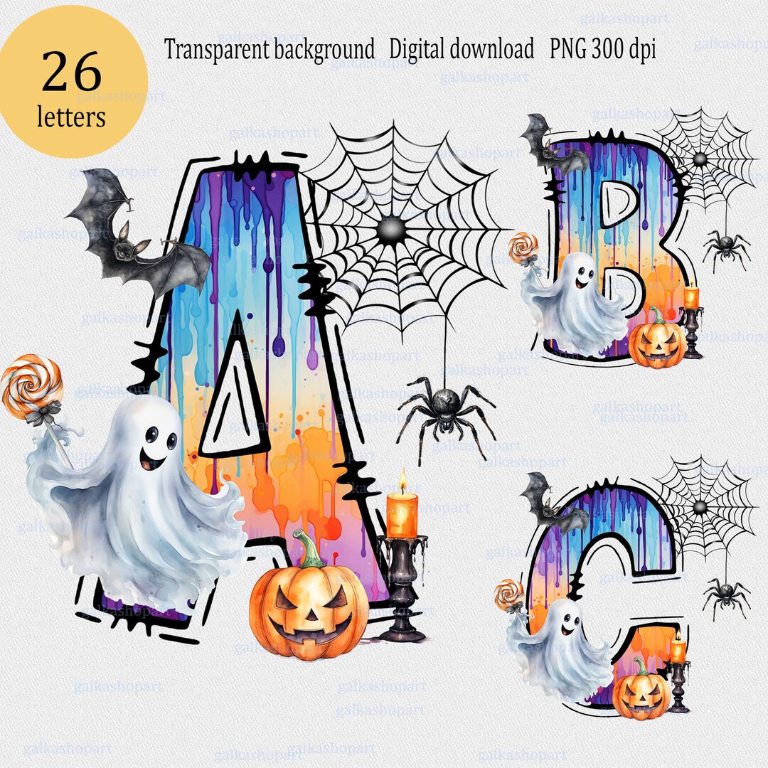 Clipart Set of 26 Halloween Doodle Individual Letters With Watercolor ...