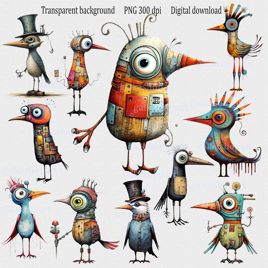 Quirky Bird Graphics, Mixed Media Whimsical Birds: Mechanical and Folk ...