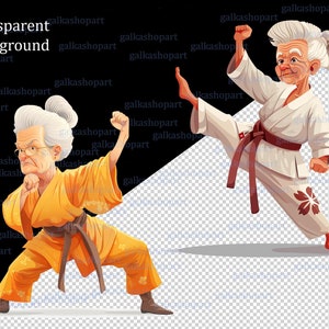 Funny Old Lady Athlete Clipart PNG: Karateka Women in a Fighting Pose ...
