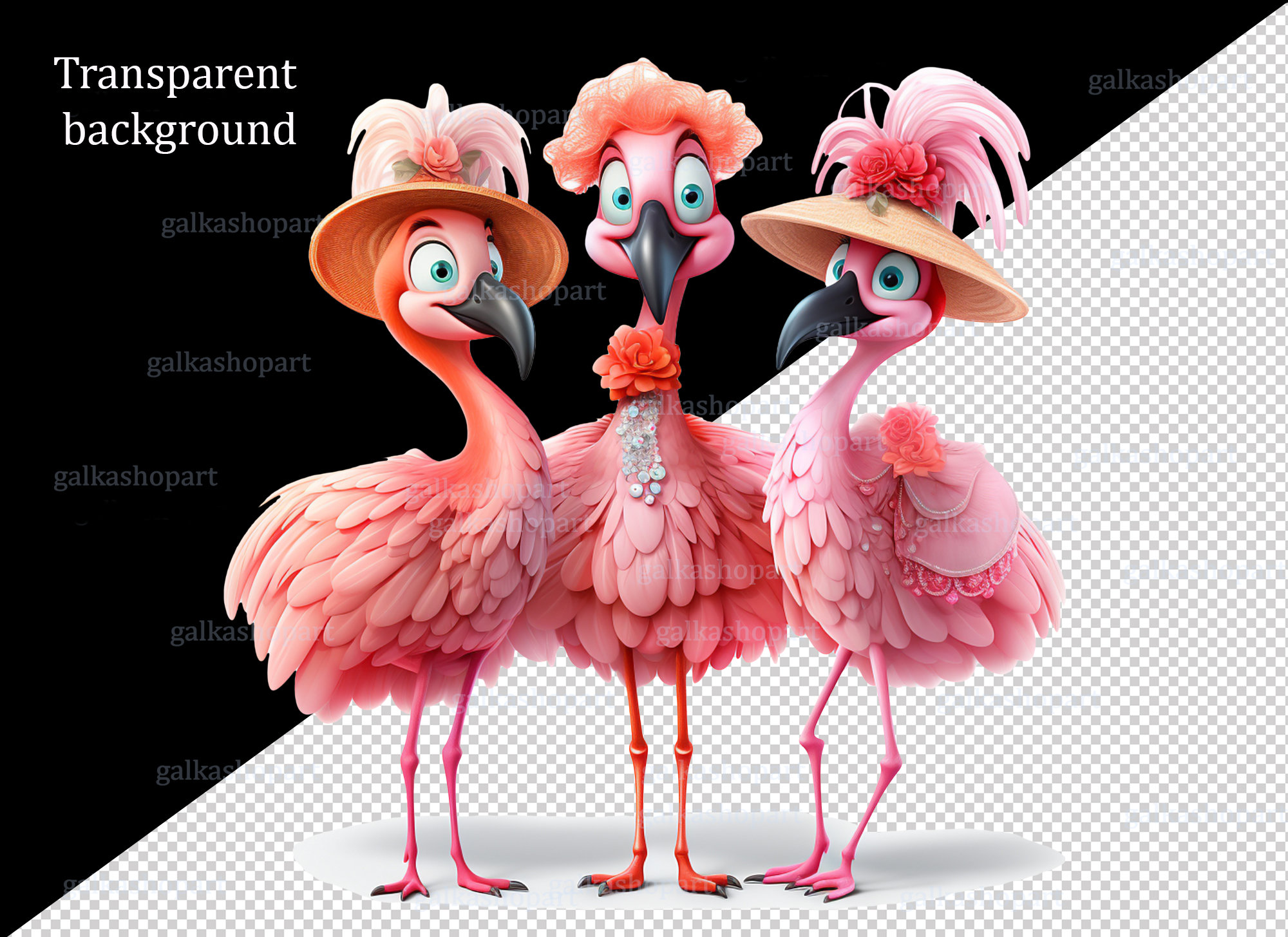 Eccentric 3 Female Flamingos 12 Cartoon Clipart PNG: Elegant Funny ...