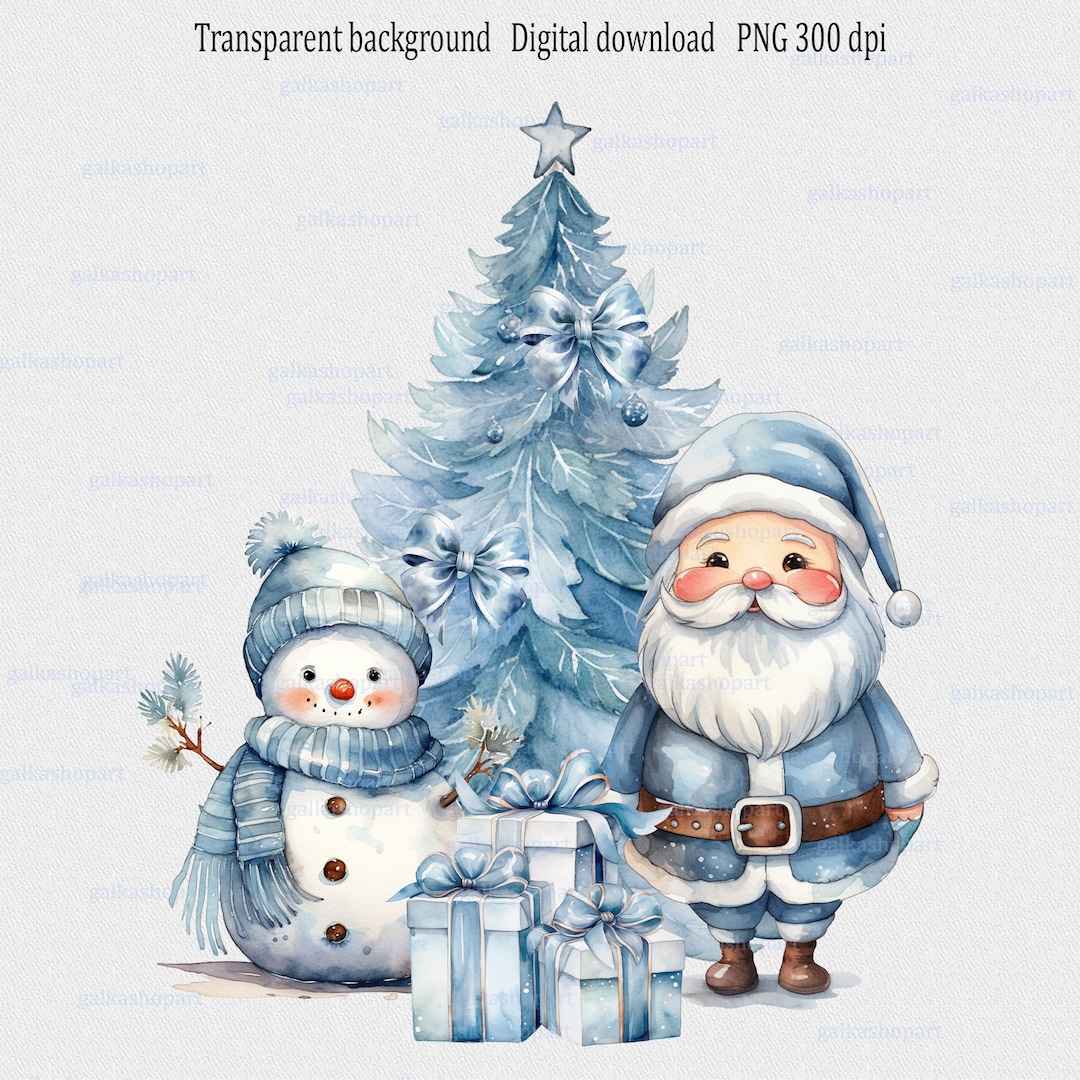 Watercolor Santa Snowman Christmas Tree Sublimation Design PNG in Blue ...