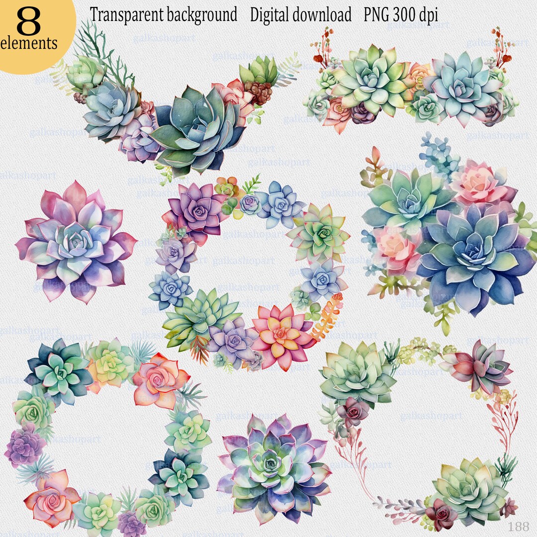 Watercolor Succulents Wreath & Border: Greenery Png Clipart, Botanical ...