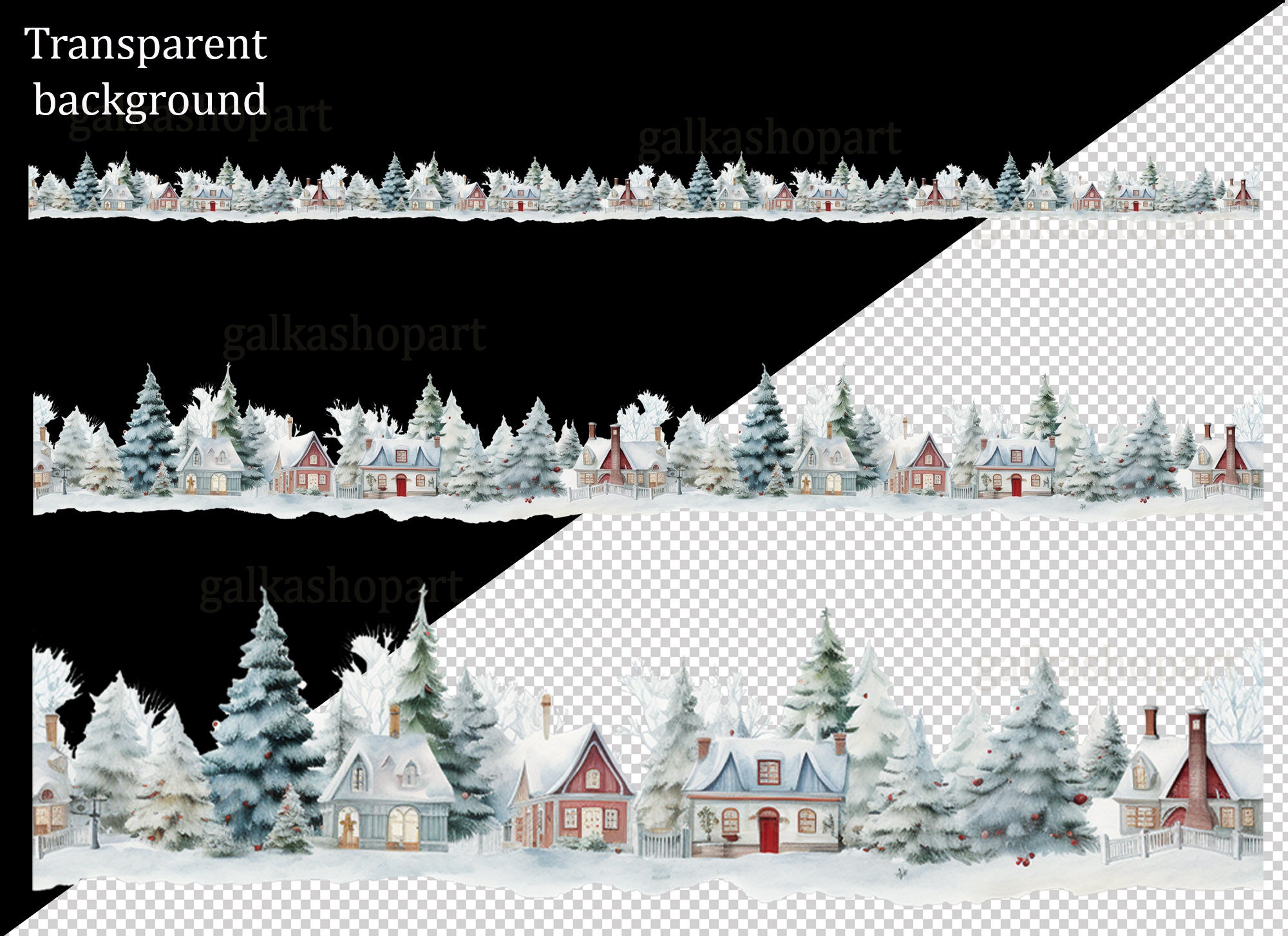 Watercolor Christmas Border Clipart PNG: Frame of Xmas Tree & Snowmen ...
