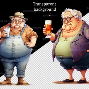 Humorous Caricature of a Funny Fat Grandma&grandpa Farmer With a Drink ...