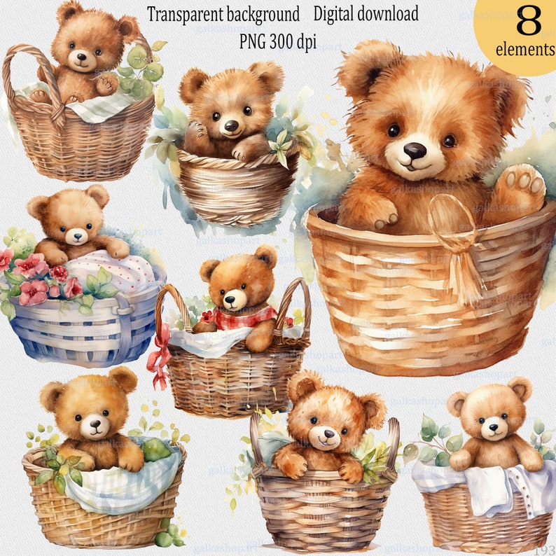 Easter Teddy Bear Clipart Set: Watercolor Spring Bears With Baskets ...