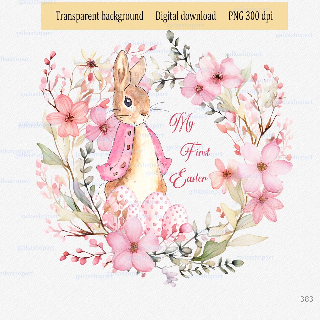 My First Easter, Peter Rabbit With Eggs in Floral Wreath, Sublimation ...