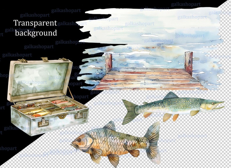 Fishing Set Clipart PNG: Watercolor Tackle & Fish, Fisherman, Tourism ...