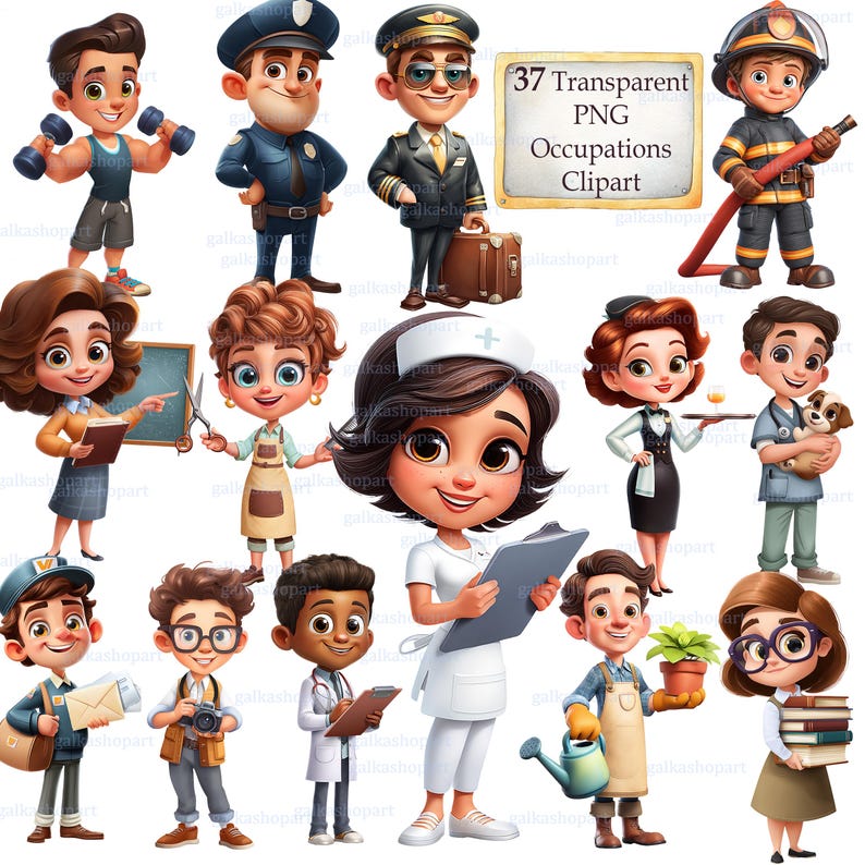 Professions Clipart PNG Bundle: Cute Job Characters Set, Cartoon ...