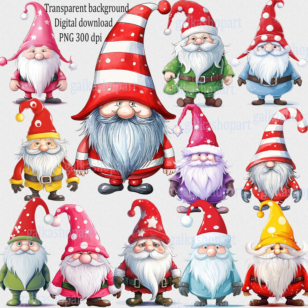 Set of 12 Christmas Gnome Clipart PNG, Santa Gnome, Hello Winter ...