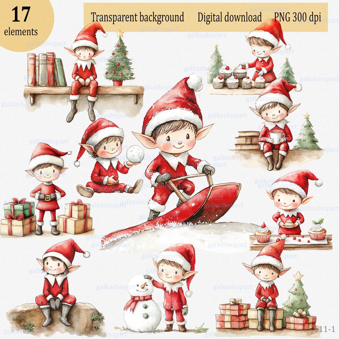 Watercolor Cute Christmas Elf Clipart PNG: Red Santa's Helpers With ...