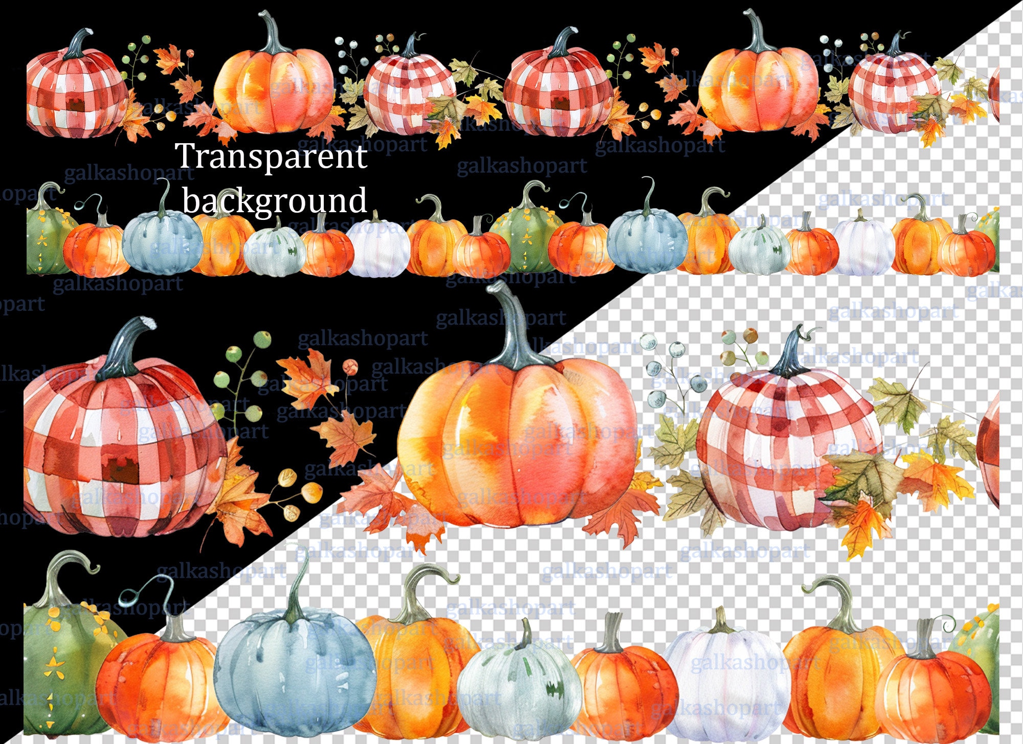 Watercolor Pumpkin Borders Clipart: Set of 12 Seamless Autumn Borders ...
