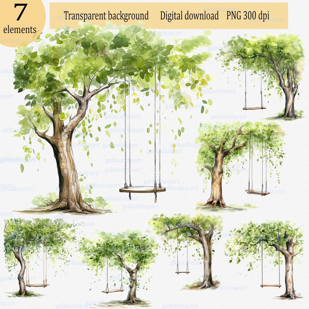 Summer Tree and Hanging Swing on Its Branch - Watercolor Clipart PNG ...