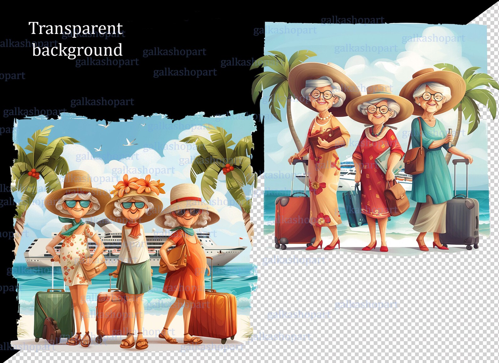 Three Old Ladies Traveler Clipart PNG: Funny Traveling Woman, Cute ...