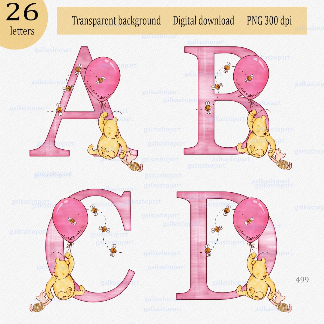 Classic Winnie the Pooh and Piglet Pink Alphabet: Watercolor Clipart ...
