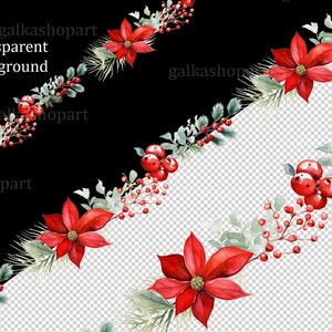 Watercolor Christmas Border Clipart; Winter Floral Frame PNG; Seamless ...