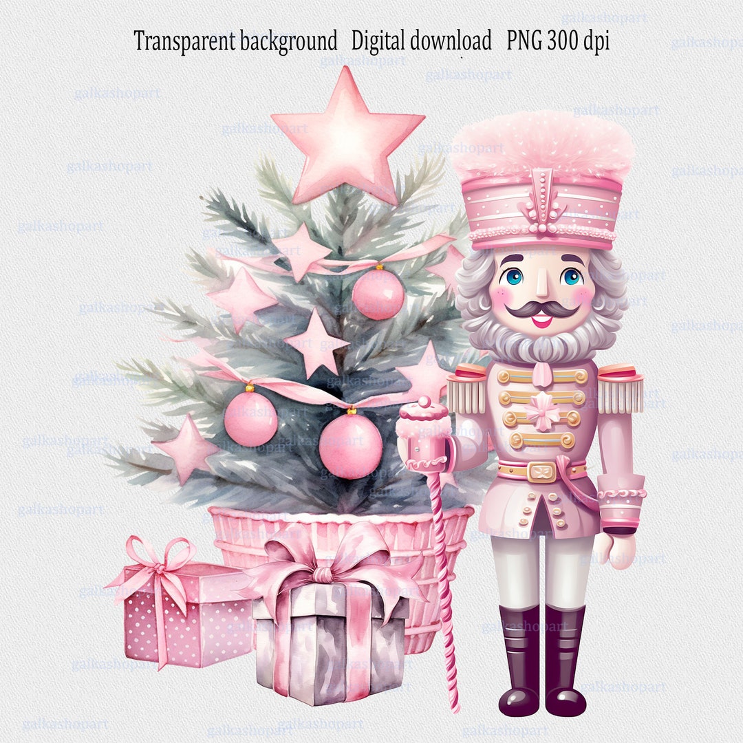 Watercolor Pink Christmas Tree Nutcracker PNG Sublimation Design, Xmas Clipart, Baby's 1st Xmas ...