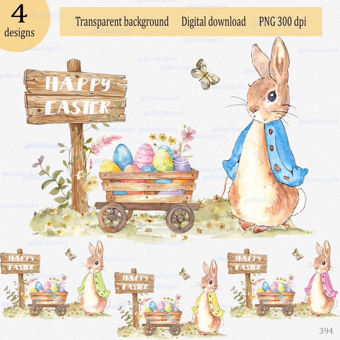 Peter Rabbit Easter Sublimation: Garden Bunny PNG Design, Cart With ...
