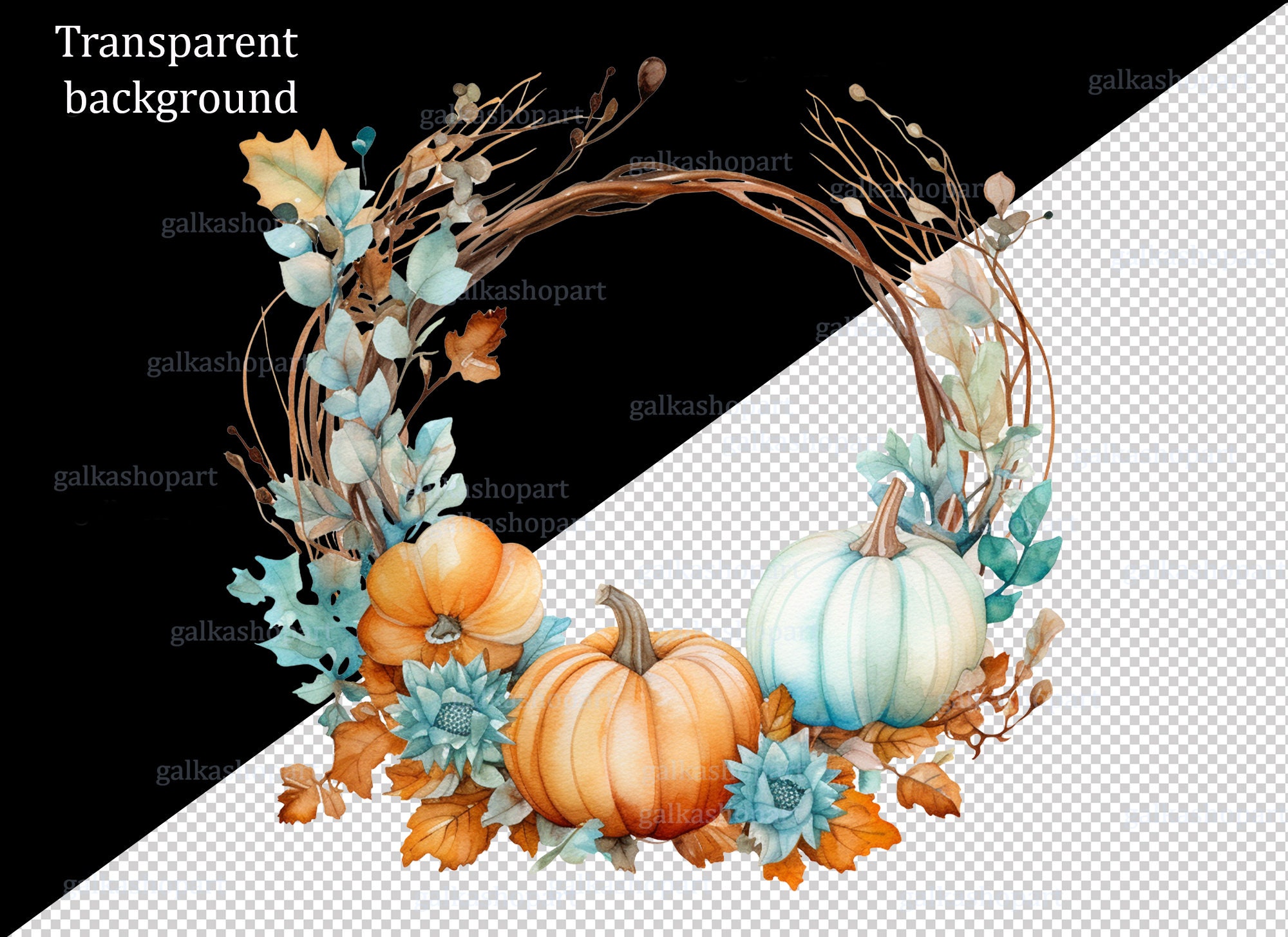 Fall Pumpkin Frame Clipart Set: Watercolor Autumn Wreath PNG Borders ...