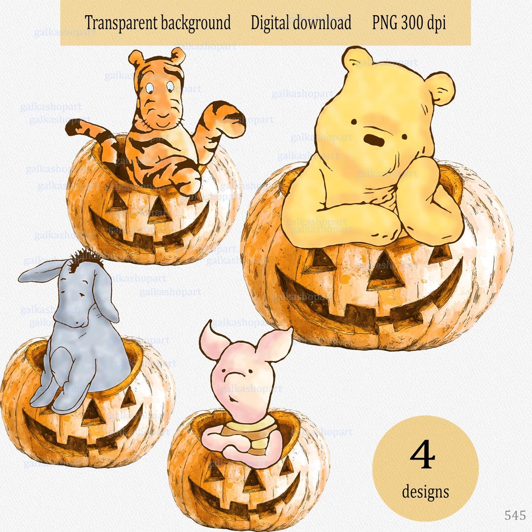 Classic Winnie the Pooh and Friends Sitting in a Huge Half Pumpkins ...