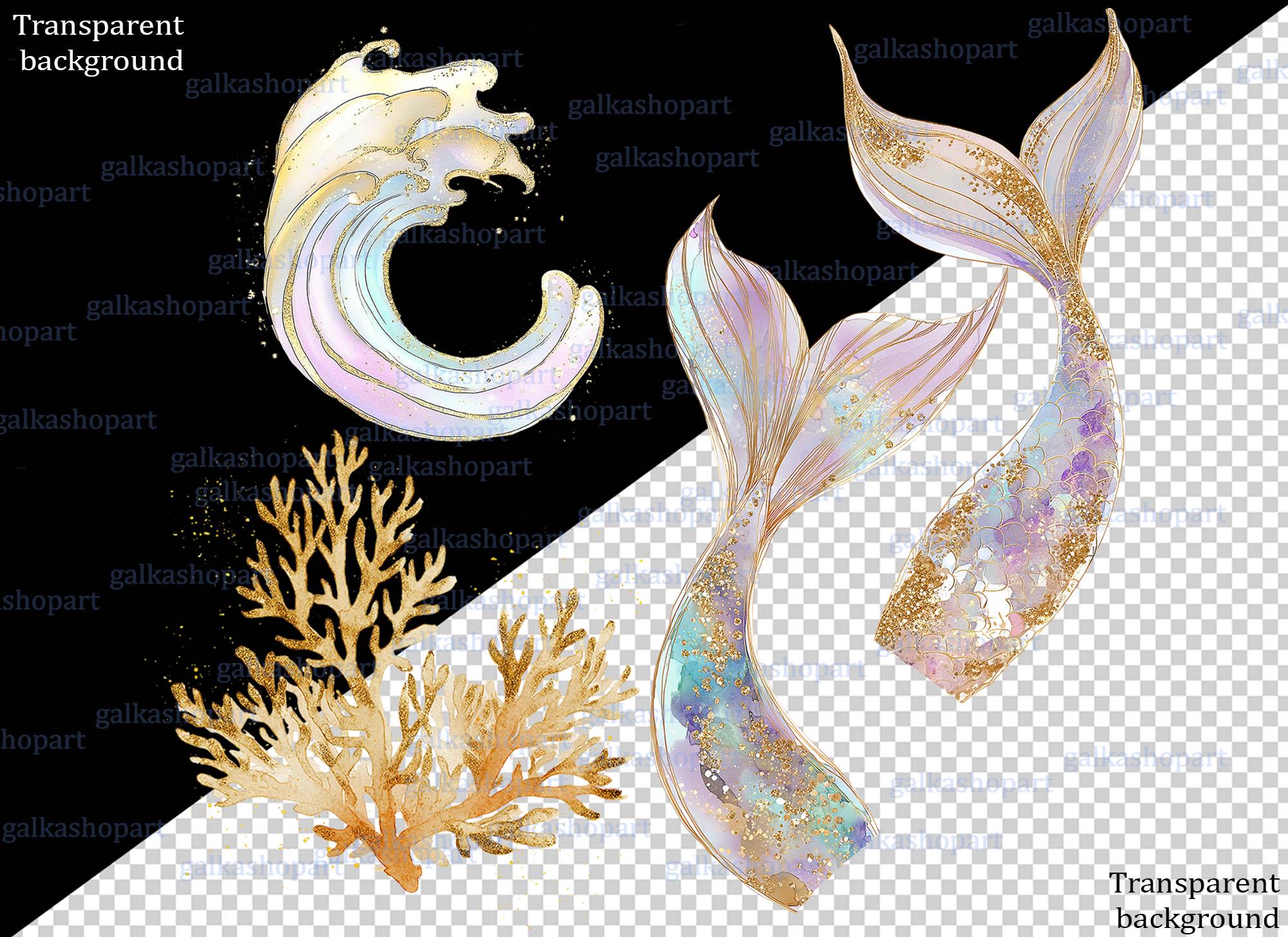 Shimmering Mermaid Fins Clipart PNG – Watercolor Pastel Sea Elements ...
