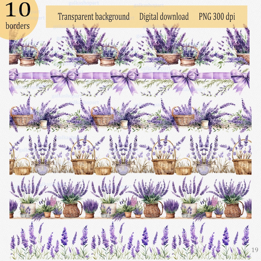 10 Lavender Borders Clipart PNG, Watercolor Flower Frame, Floral ...