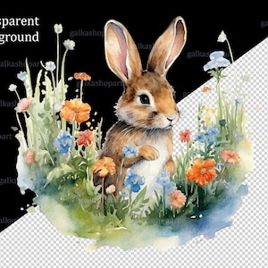 Floral Bunnies Watercolor PNG Clipart Set of 8: Graphics for Forest ...