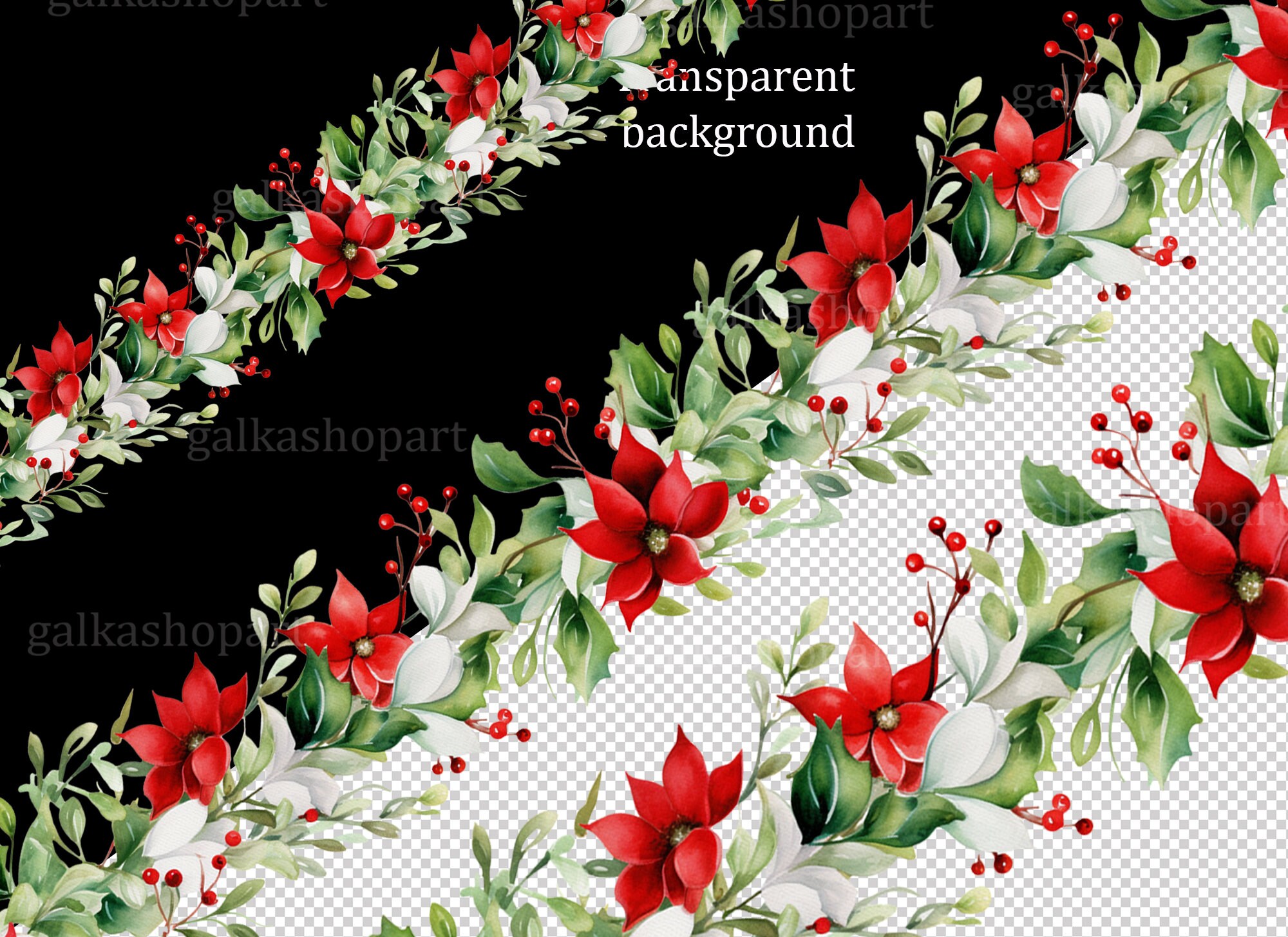Watercolor Christmas Border Clipart; Winter Floral Frame PNG; Seamless ...