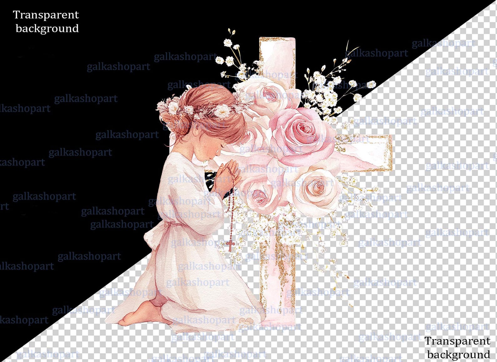 First Holy Communion PNG – Praying Girl Watercolor Clipart, Pink Floral ...