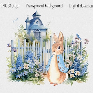 Peter Rabbit in Garden With Blue Flowers Clipart, Watercolor Birdhouse ...