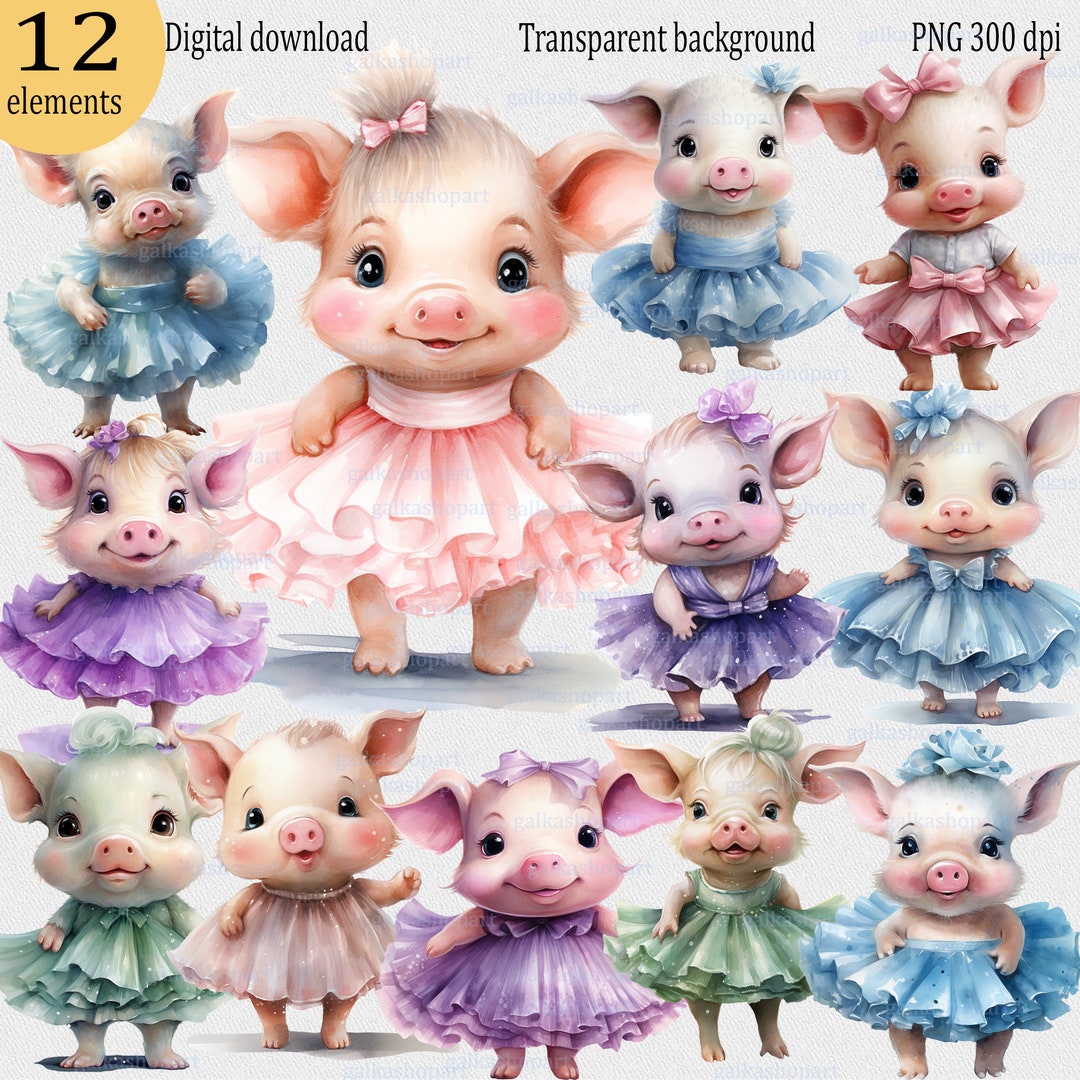 Watercolor Baby Pig Ballerinas Clipart: Cute Piglet Girl in Ballet ...