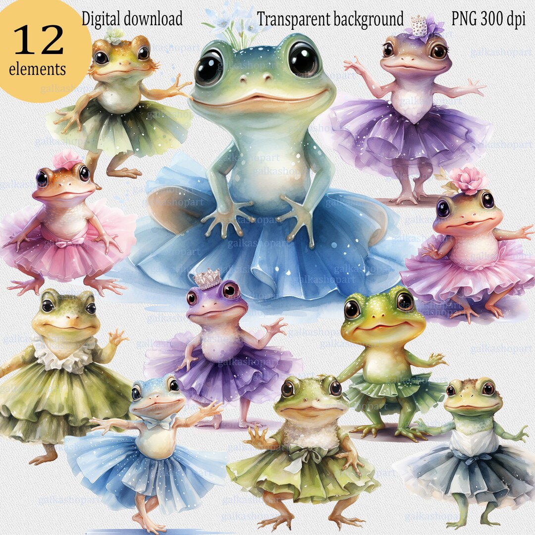 Set of 12 Watercolor Baby Frog Ballerinas Clipart: Cute Girl Reptile in ...