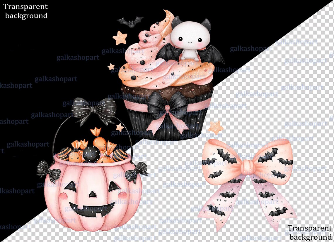 Pink Halloween Clipart Set: Cute Ghost Cat Bat Pumpkin PNG, Pastel ...