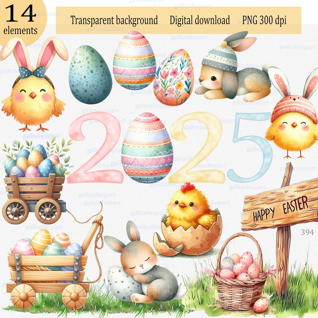 Easter 2025 PNG Clipart: Bunny Design, Rabbit and Chick, Egg Basket ...