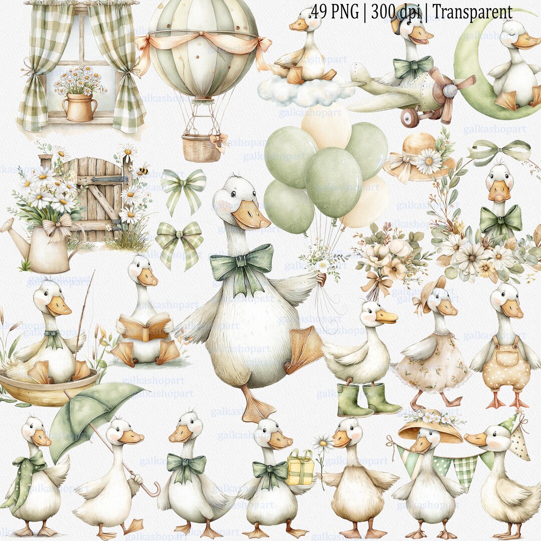 Silly Goose Cottagecore Clipart Set, Cute Watercolor Geese PNG, Farm ...
