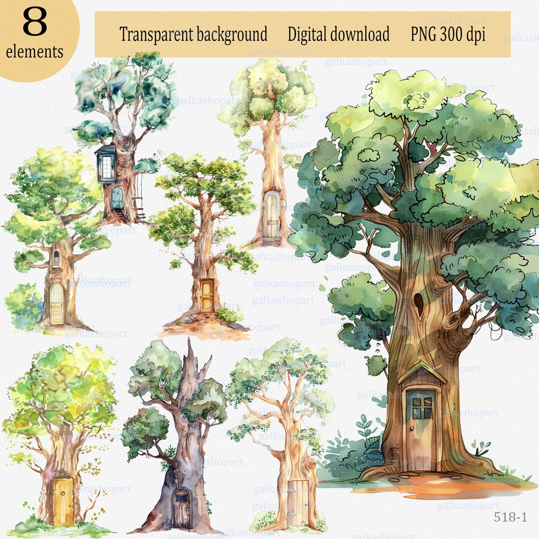 Summer Tree With Door: Watercolor Clipart PNG, Forest Deciduous Tree ...