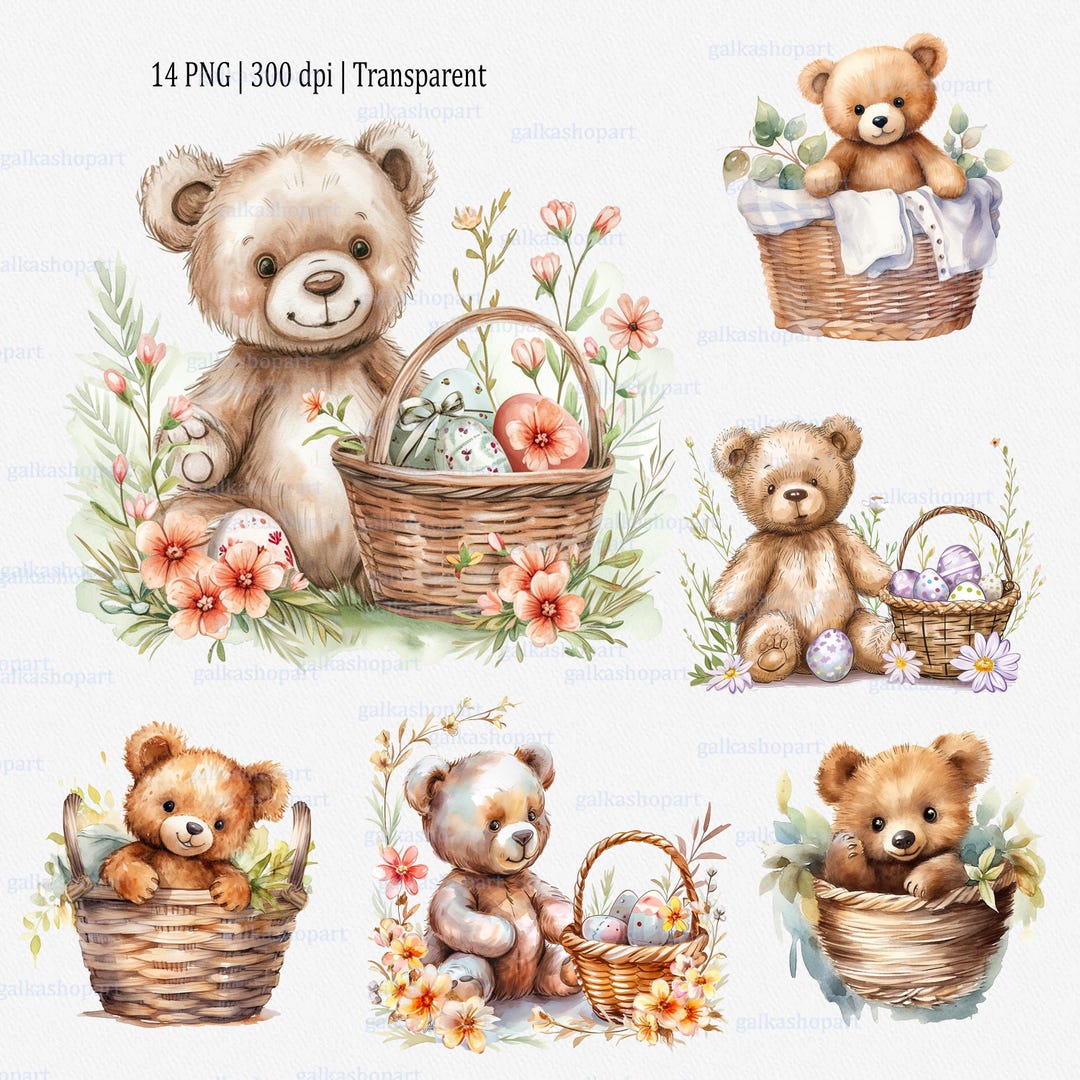 Easter Teddy Bear Clipart Set: Watercolor Spring Bears With Baskets ...