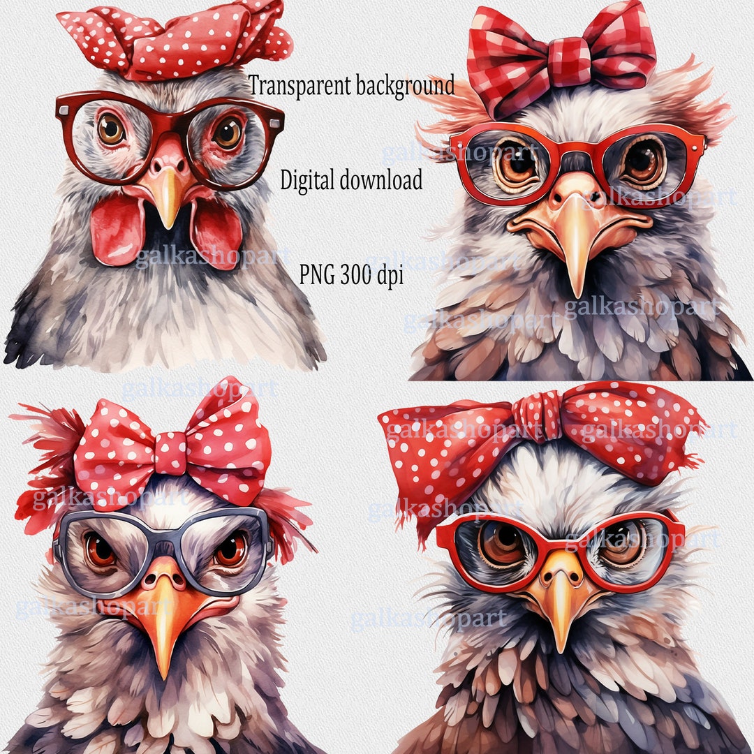 Crazy Cheerful Hen Clipart: Funny Chicken Wearing Glasses, Cute Chick ...