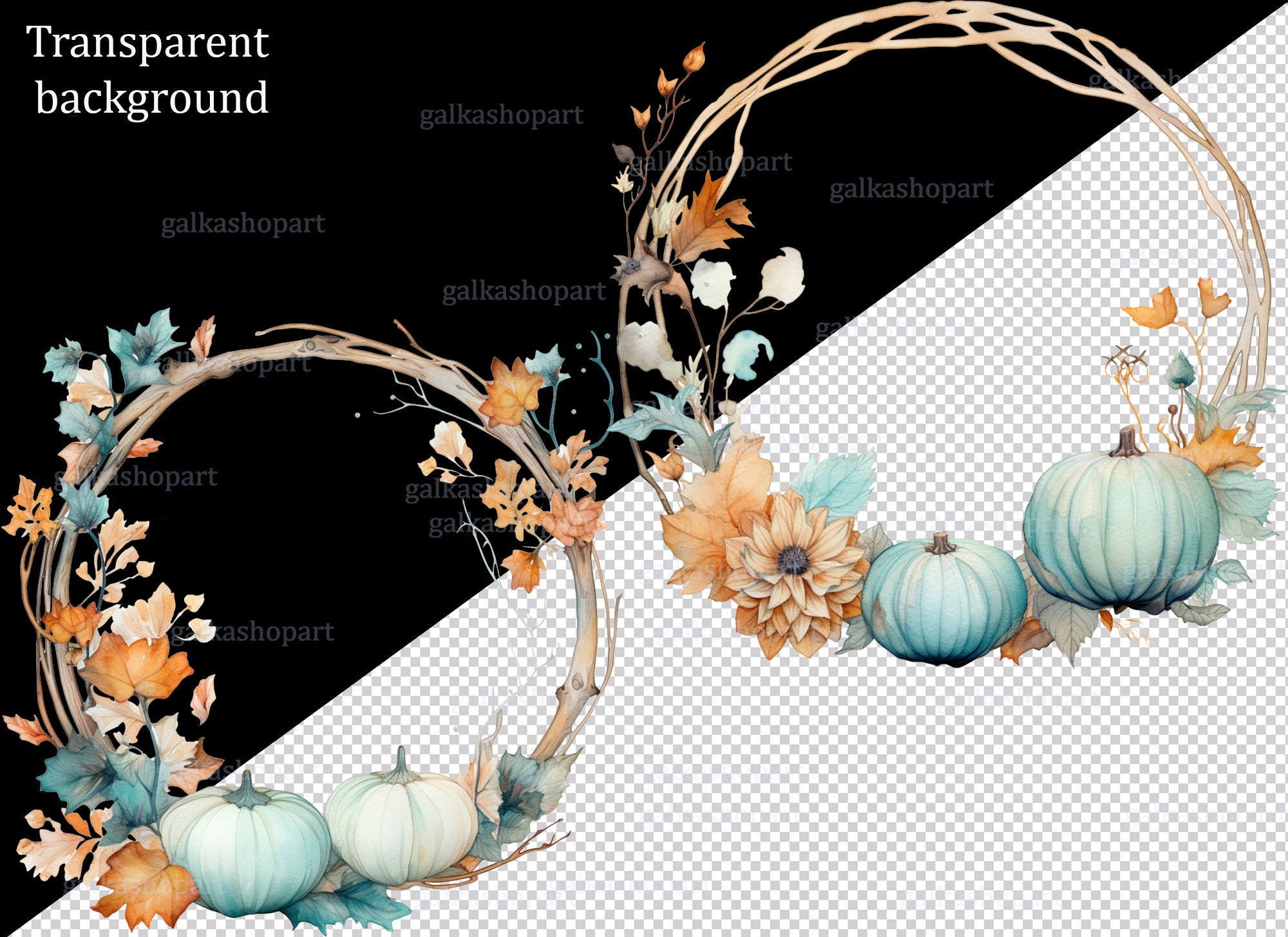 Fall Pumpkin Frame Clipart Set: Watercolor Autumn Wreath PNG Borders ...