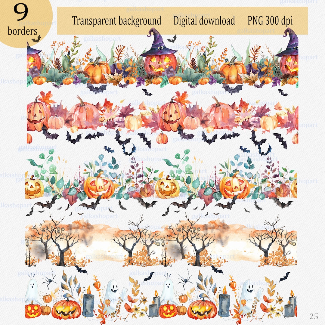 Watercolor Halloween Seamless Border Clipart: Autumn Frame PNG Fall ...